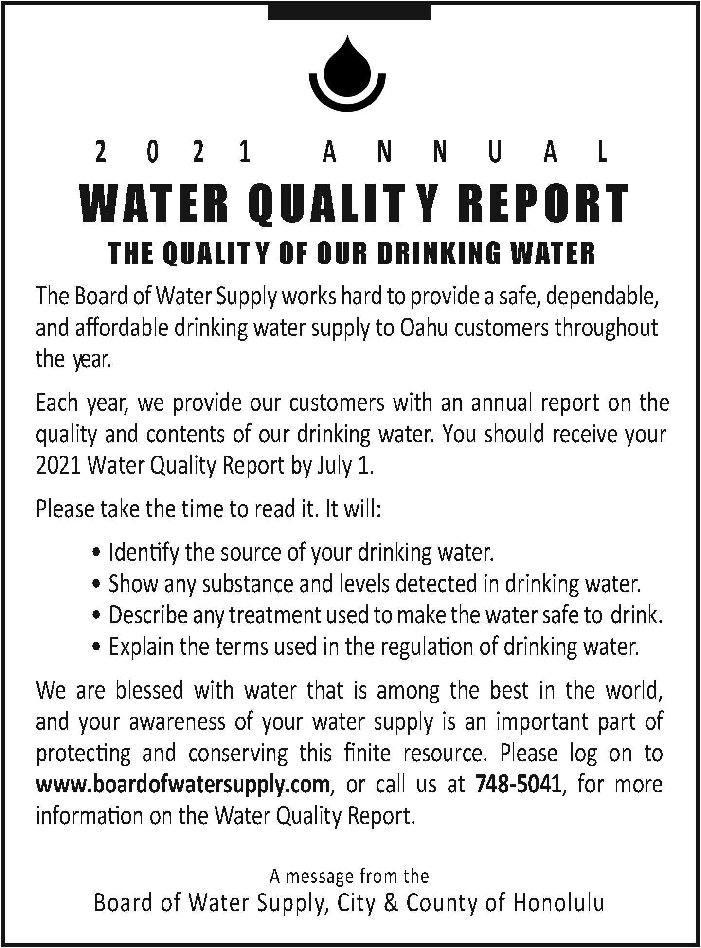 BWS Water Quality Report - Board of Water Supply